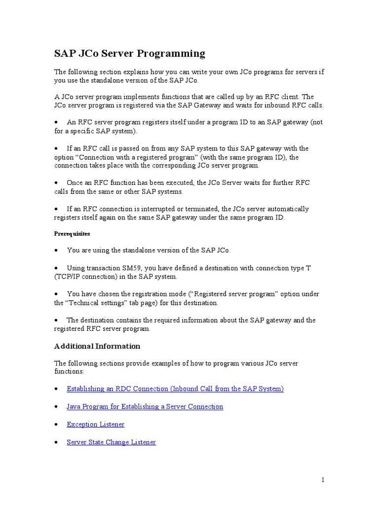 SAP JCo Server Programming | PDF | C (Programming Language) | Server (Computing)