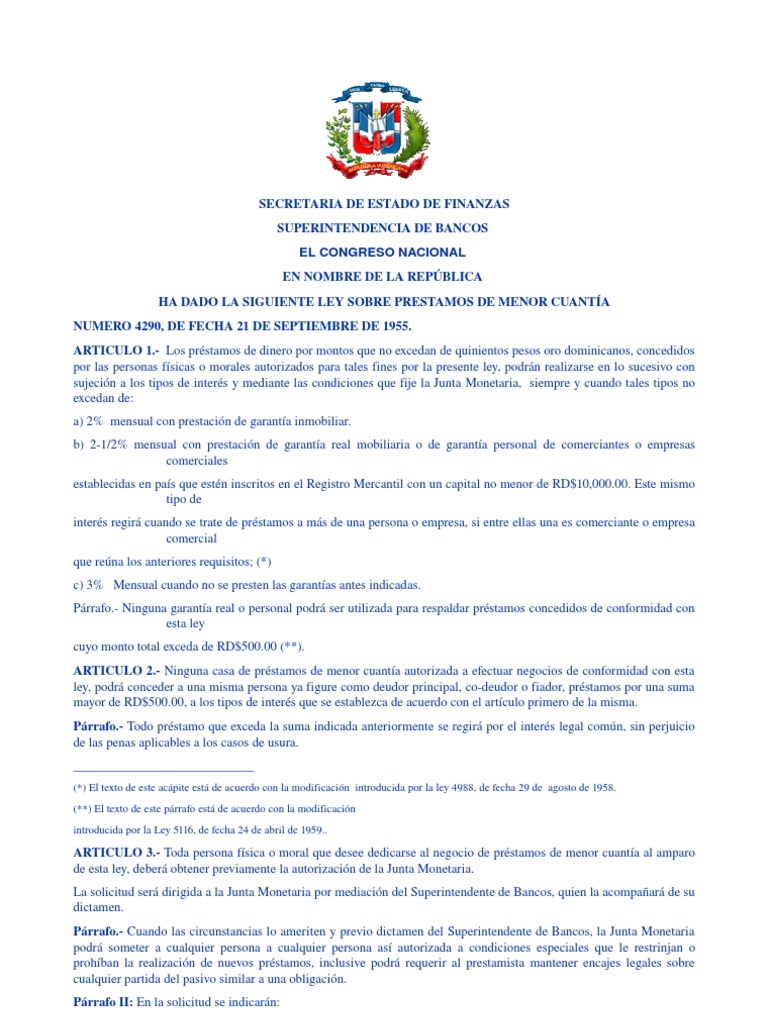 Ley No. 4290 de 21 de Septiembre de 1955, Sobre Préstamos de Menor ...