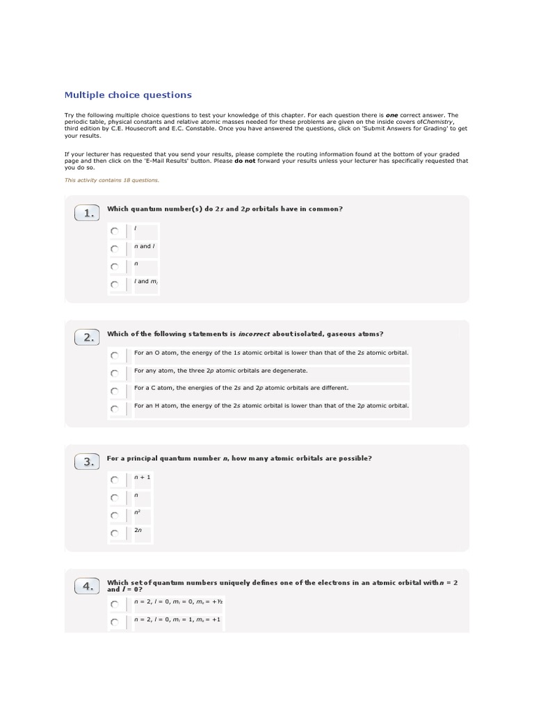 Multiple Choice Questions | PDF | Atomic Orbital | Chemical Bond