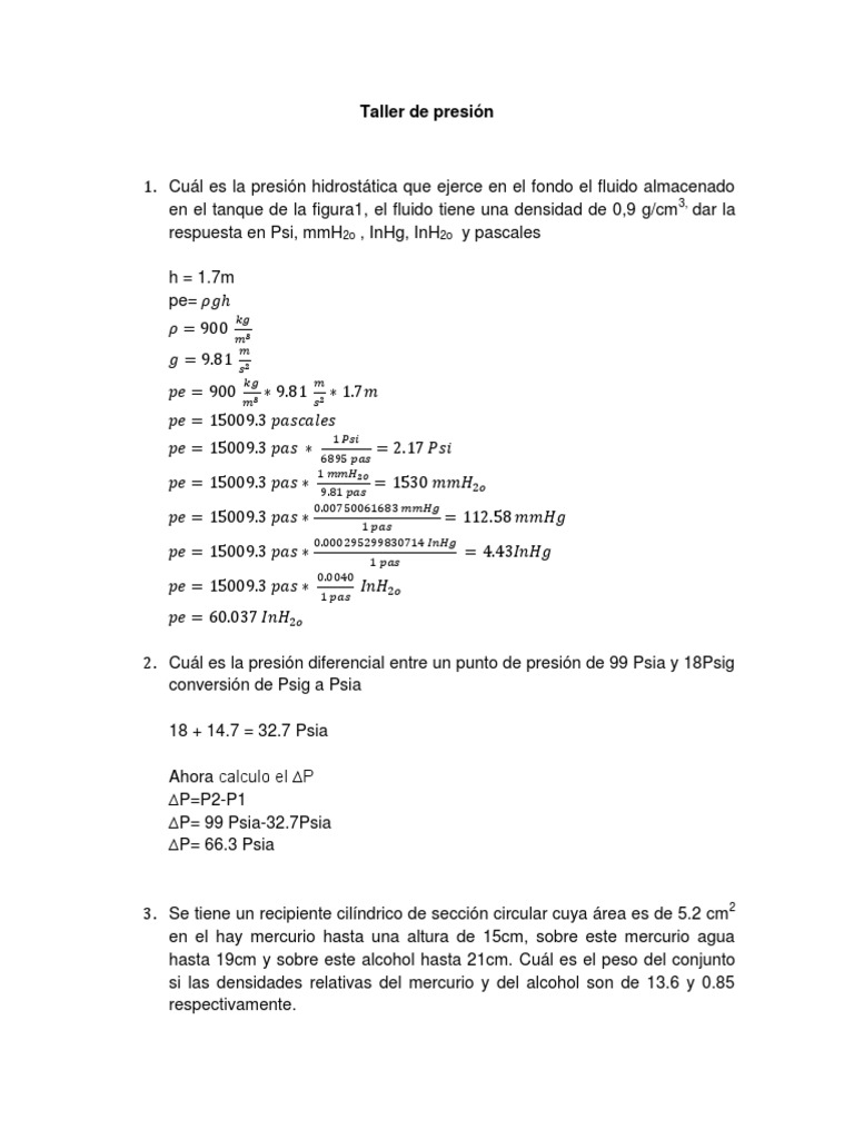 Taller De Presión Pdf Medida De Presión Presión