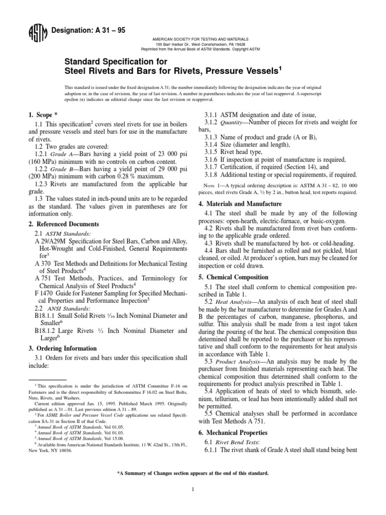 Astm A31 (1995) | PDF | Rivet | Steel