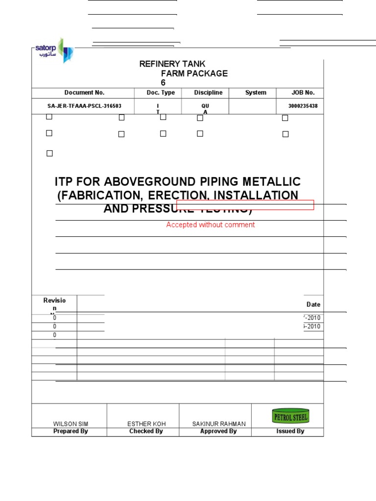 Itp For Aboveground Piping Metallic (Fabrication, Erection ...