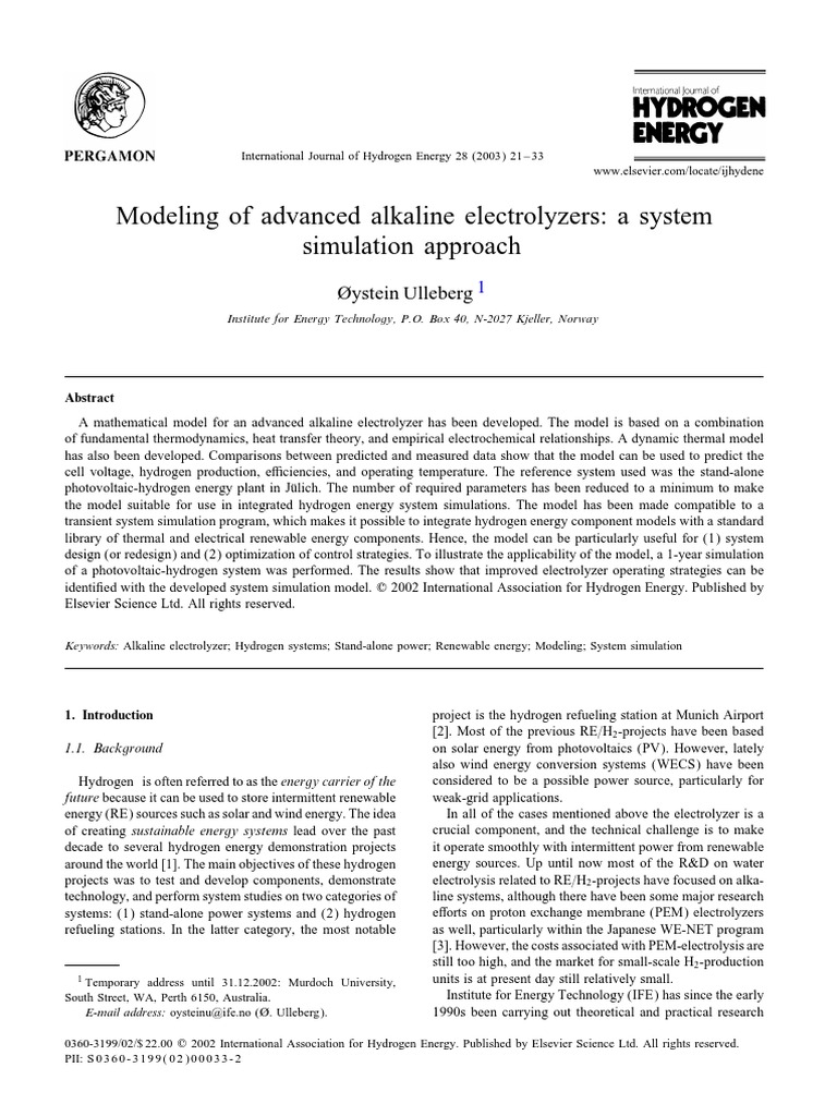 Modeling Of Advanced Alkaline Electrolyzers A System Simulation Approach Pdf Battery