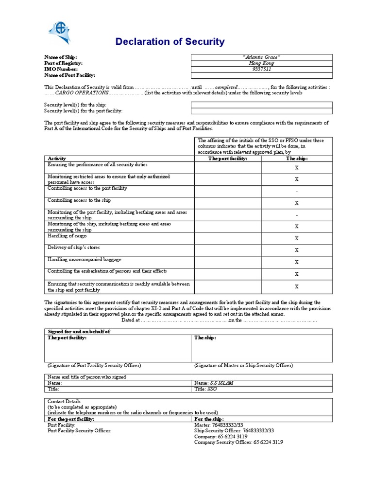 Declaration of Security | PDF | Port | Ships
