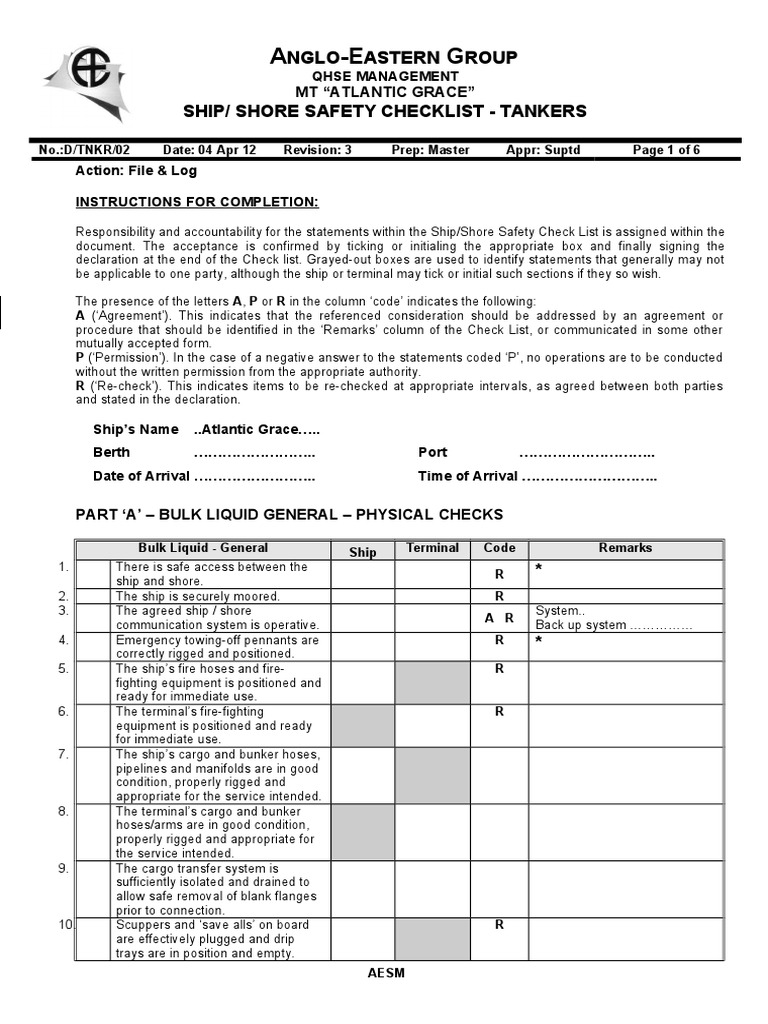 Nglo Astern Roup Ship/ Shore Safety Checklist - Tankers: MT "Atlantic ...
