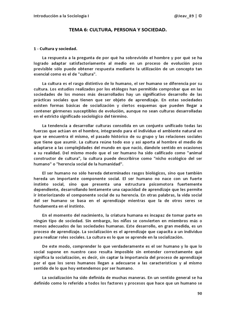 Tema 6 - Cultura, Persona y Sociedad | PDF | Sociedad | Socialización