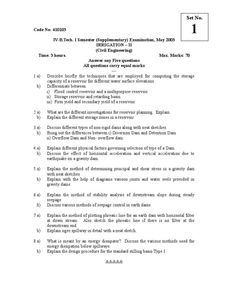 Irrigation II Exam Questions for Civil Engineering | PDF | Spillway | Dam