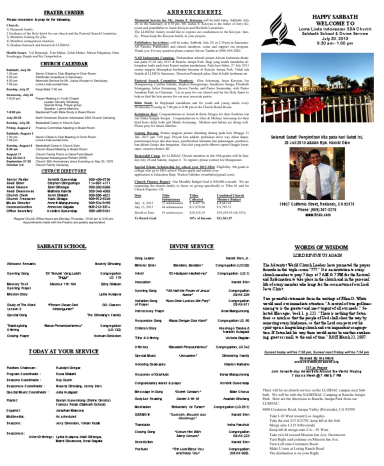 Church Bulletin 072013 | PDF | Prayer | Protestant Denominational Families