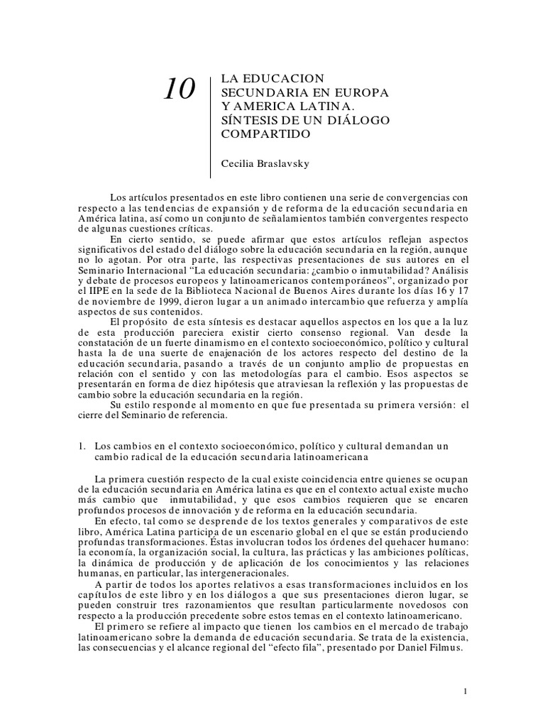 Braslavsky - Educación Secundaria en Europa y América Latina | PDF ...