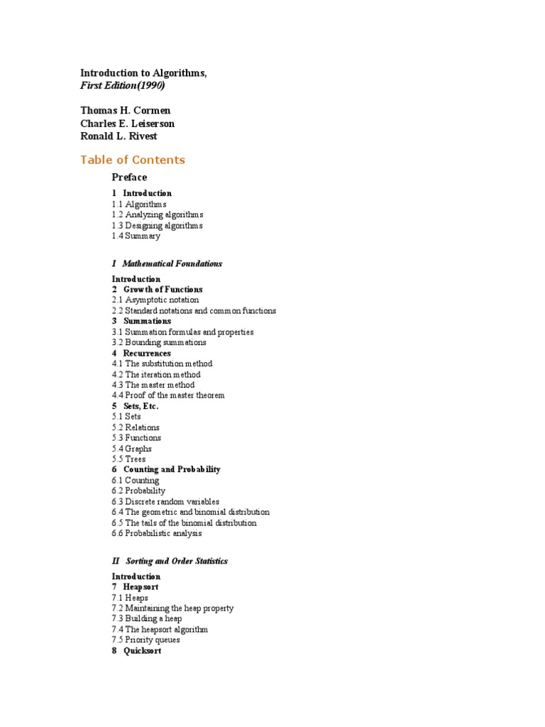 Cormen Contents 1stedition | PDF | Algorithms And Data Structures | Areas Of Computer Science