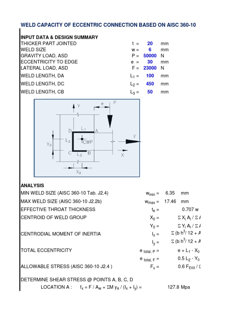 Weld Capacity Of Eccentric Connection Based On Aisc 360-10: Input Data & Design Summary
