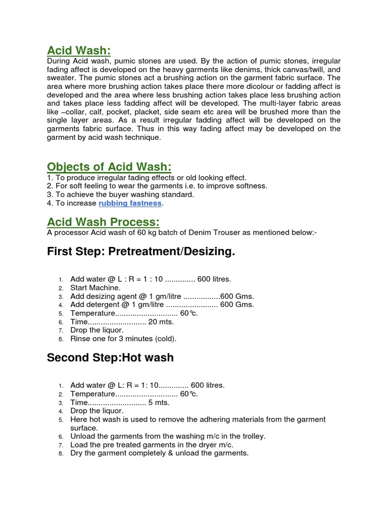 Acid Wash:: First Step: Pretreatment/Desizing | PDF | Washing Machine ...
