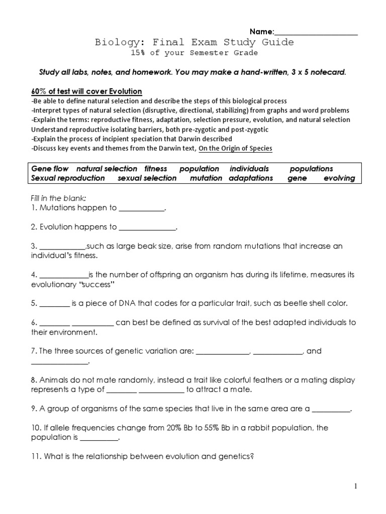 biology final exam study guide | Natural Selection | Evolution
