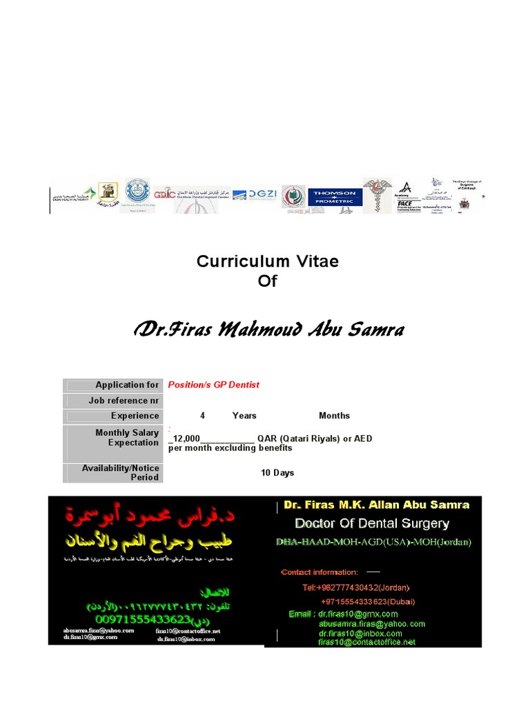 DR - Firas Mahmoud Abu Samra: Curriculum Vitae of | PDF | Dentistry | Oral And Maxillofacial Surgery
