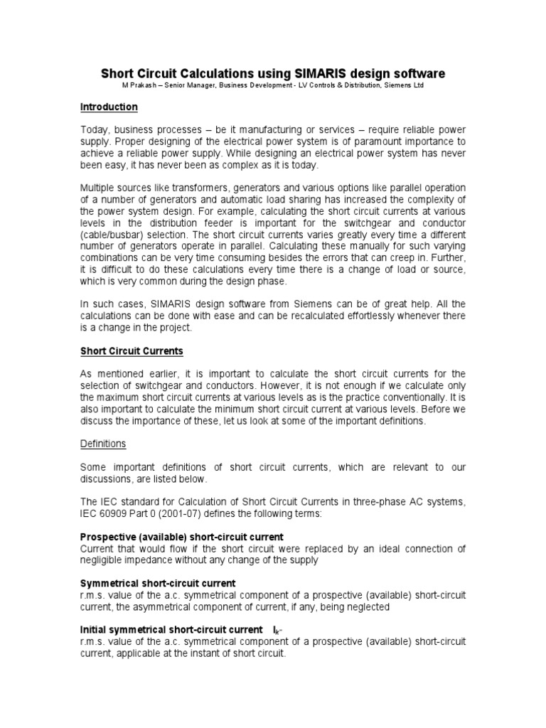 Short Circuit Calculations With SIMARIS Design | Download Free PDF ...