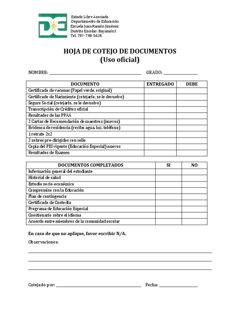Hoja de Cotejo de Documentos Matricula | PDF