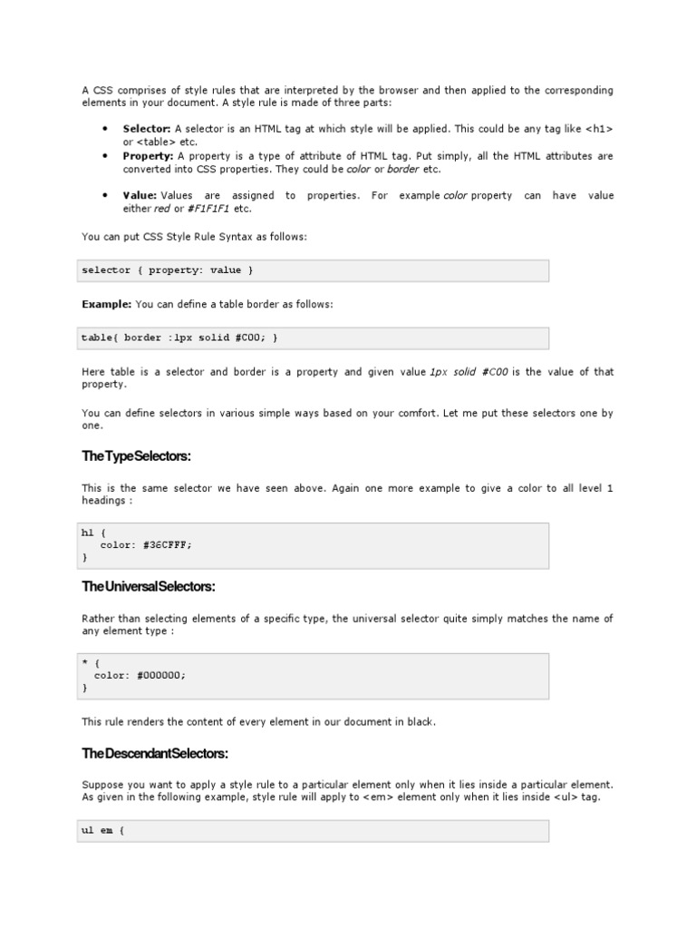 The Type Selectors:: Selector (Property: Value) | PDF | Cascading Style ...