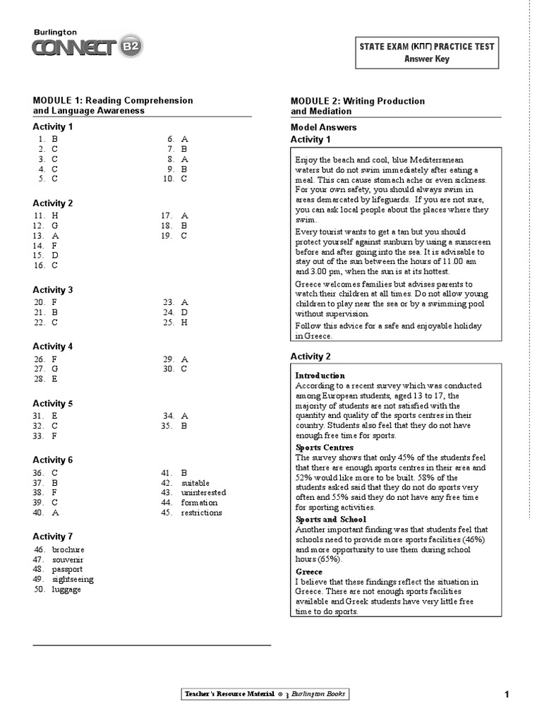 State Exam Practice Test Answer Key: Teacher's Resource Material | PDF