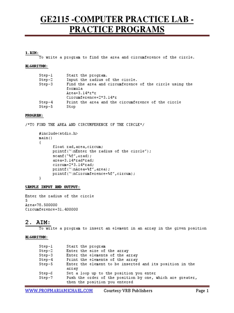 Ge2115 - Computer Practice Lab - Practice Programs: Courtesy VRB ...