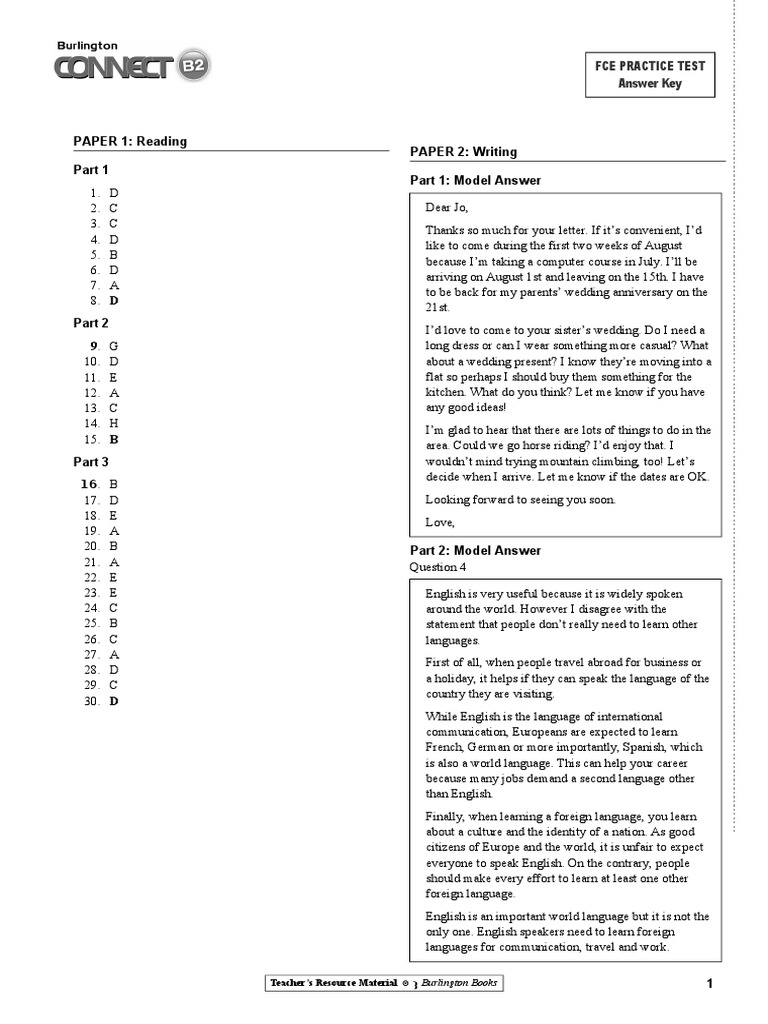 PAPER 1: Reading PAPER 2: Writing Part 1: Model Answer: Fce Practice ...