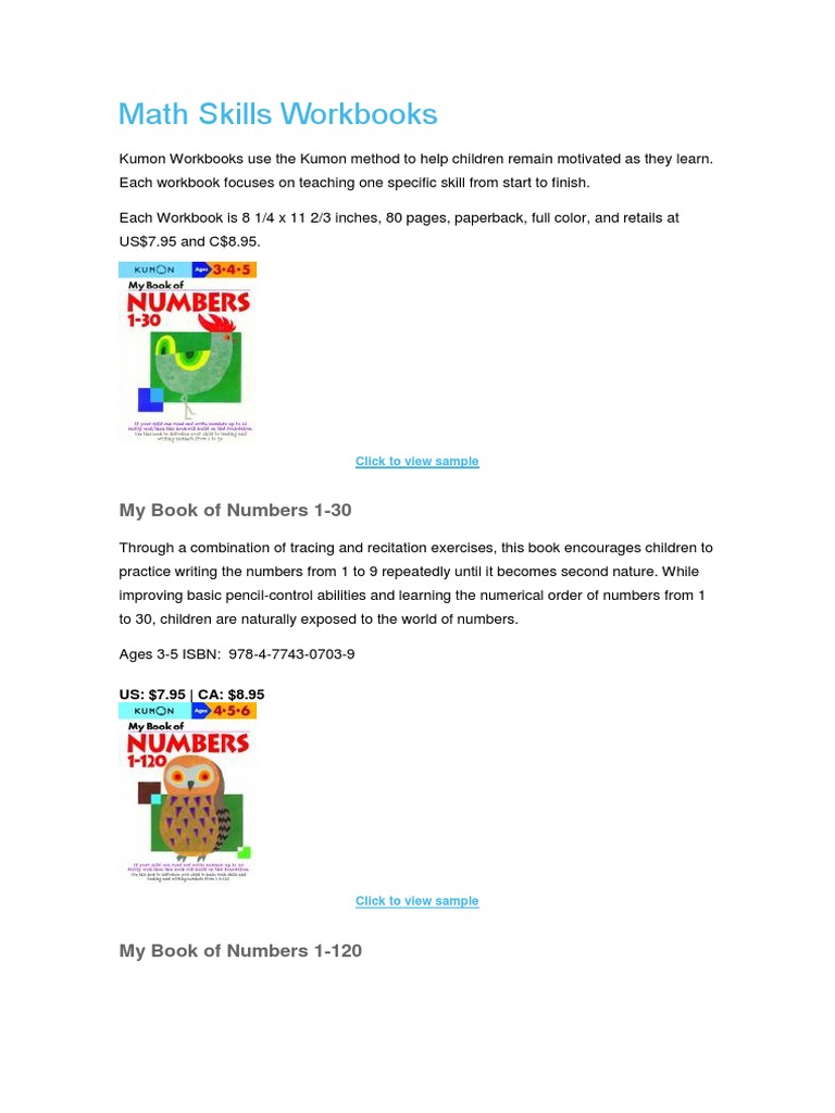 Math Skills Workbooks: My Book of Numbers 1-30 | PDF | Dollar | Arithmetic