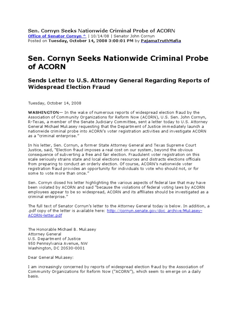Sen Cornyn Seeks Nationwide Criminal Probe of ACORN | PDF | Association ...