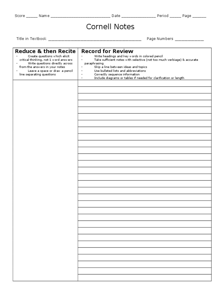 Cornell Notes Study Guide Template | PDF