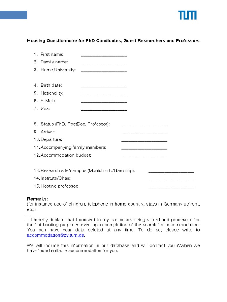 Housing Questionnaire for Researchers | PDF