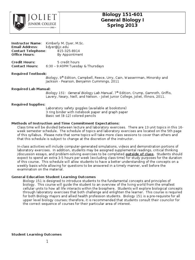Bio 151 Sp2013 Syllabus Pdf Genetics Biology