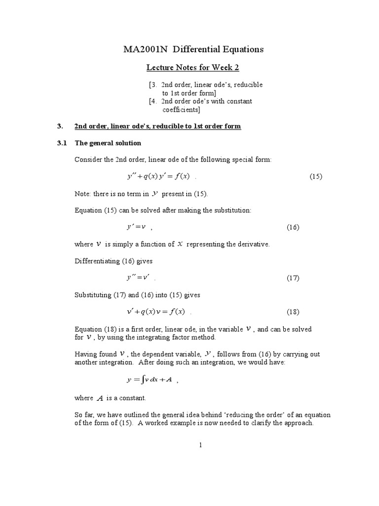 MA2001N Differential Equations: Lecture Notes For Week 2 | PDF ...