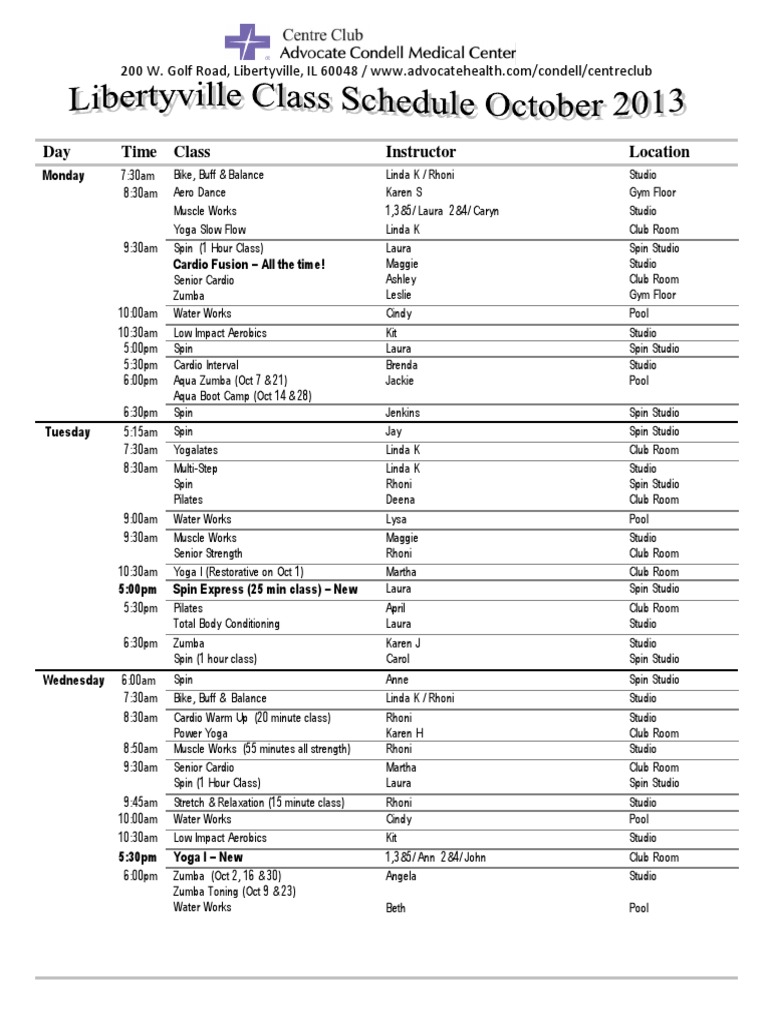 Weekly Fitness Class Schedule | PDF | Aerobic Exercise | Sports