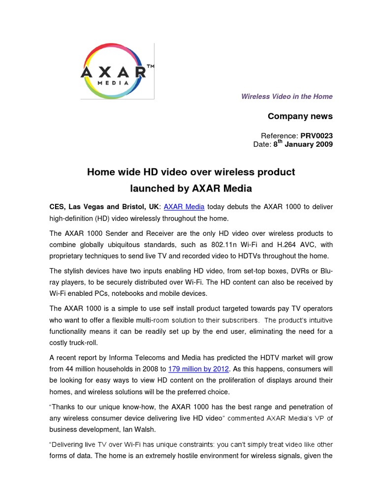 Home Wide HD Video Over Wireless Product Launched by AXAR Media | PDF ...