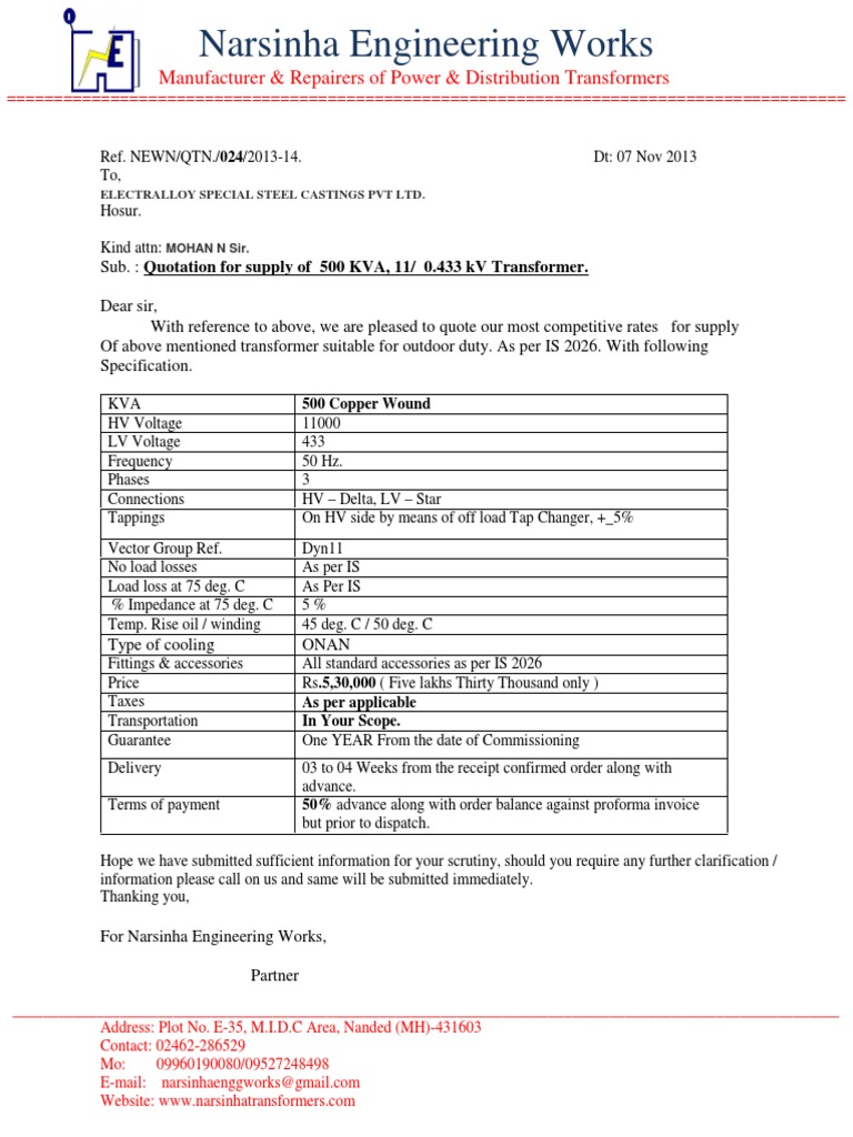 Quotation For 500 KVA Transformer | PDF
