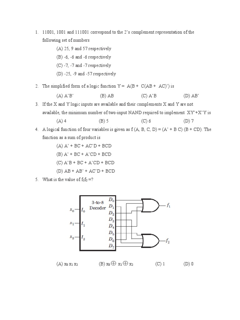 GATE Digital Electronics Practice Questions | PDF | Logic Gate | Binary ...
