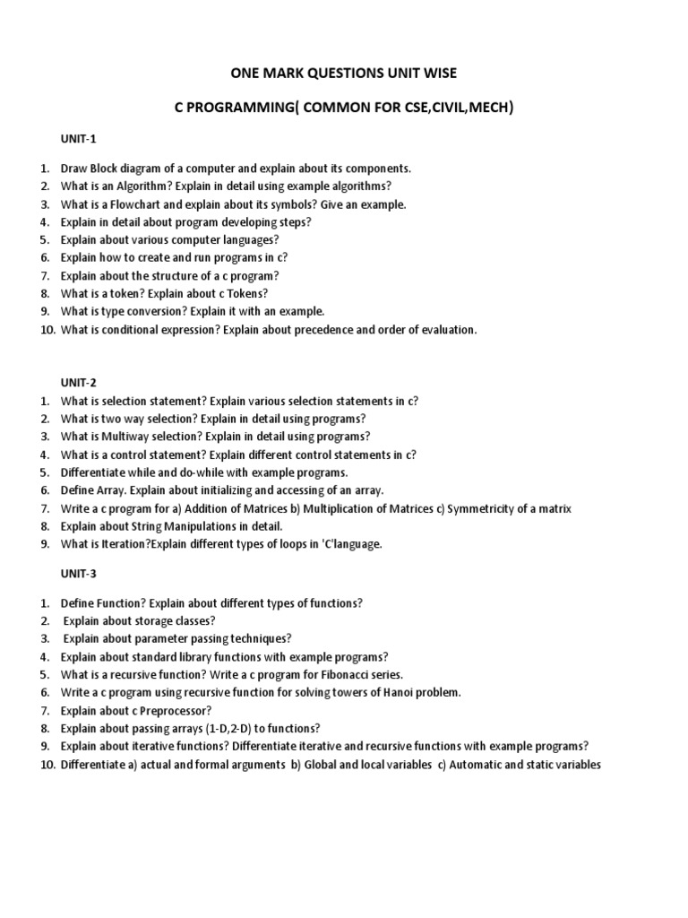 Unit Wise I Mark Pdf C Programming Language Pointer Computer Programming