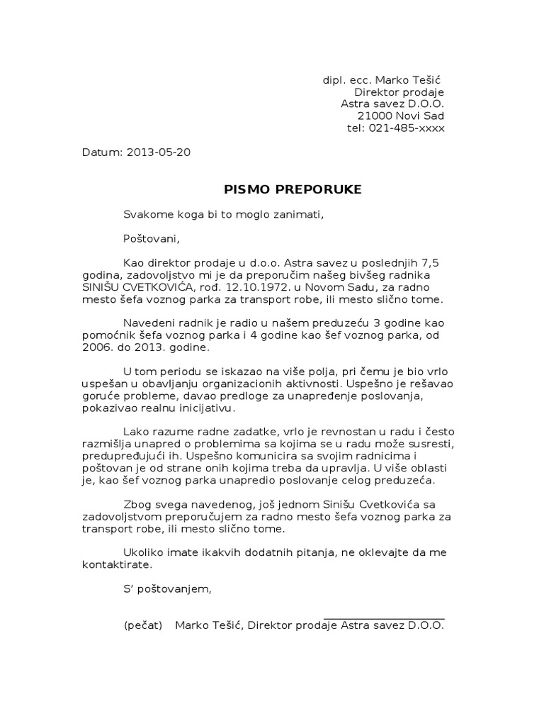 Preporuka Za Posao 1 | PDF