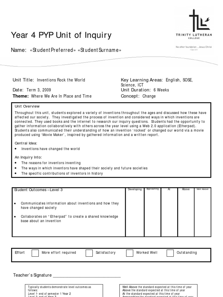 PYP Unit of Inquiry - Inventions | PDF | Invention | Inquiry