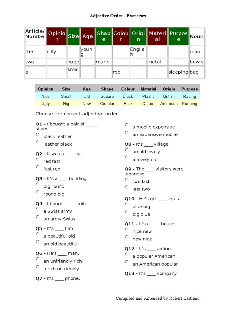 Adjective Order Exercises | Download Free PDF | Grammar | Linguistic ...
