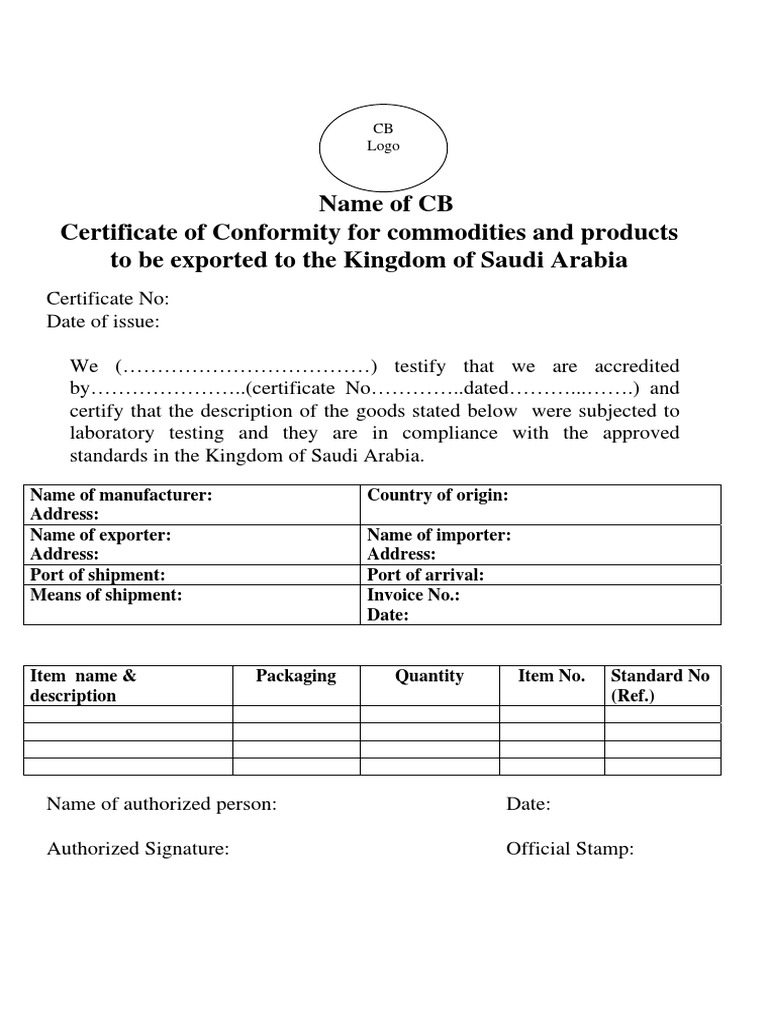 Certificate of Conformity For Commodities and Products To Be Exported ...