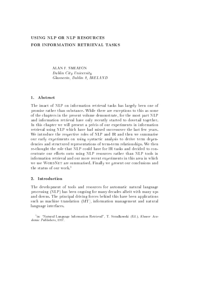 Using NLP or NLP Resources For Information Retrieval Tasks: Alan F. Smeaton | PDF | Information ...