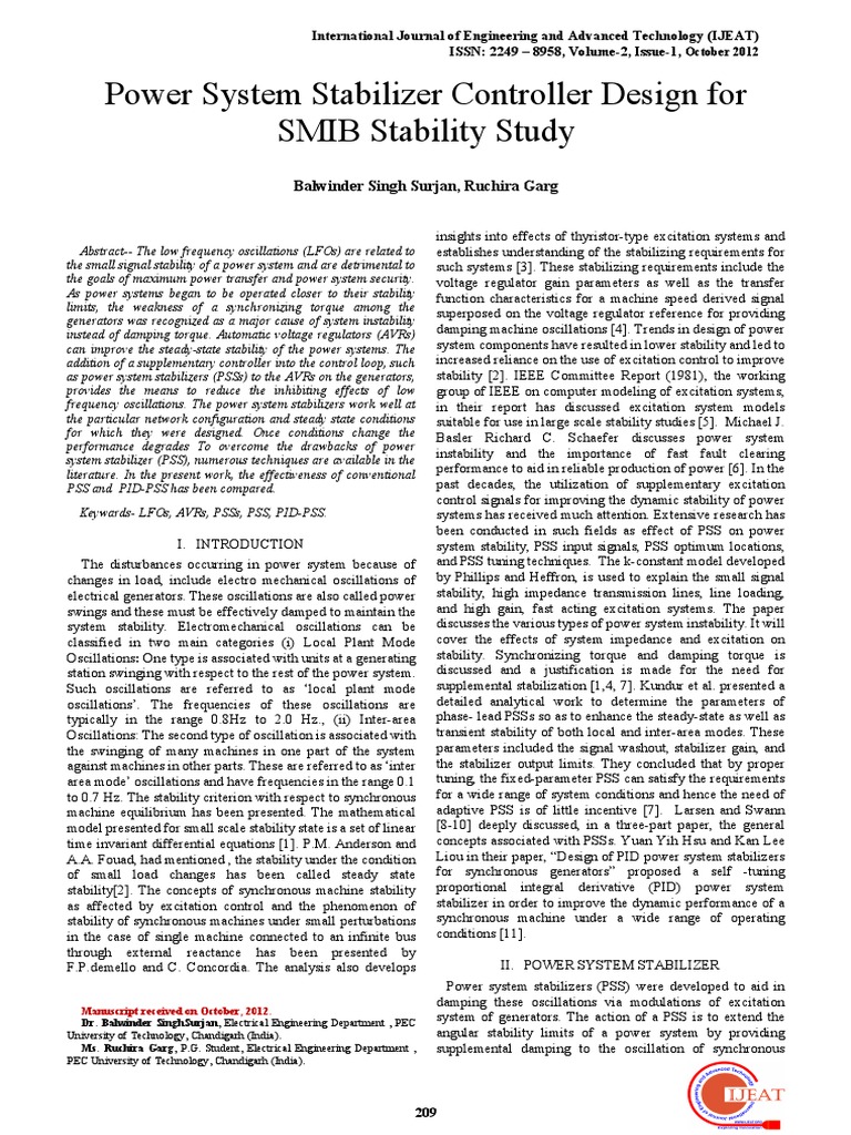 Power System Stabilizer Controller Design For SMIB Stability Study | Download Free PDF | Steady ...