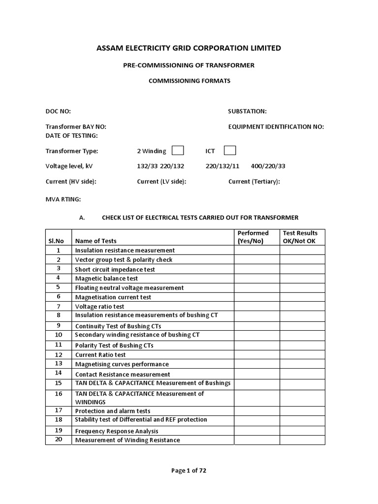 Pre-Commissioning Tests for Transformers | PDF | Transformer ...