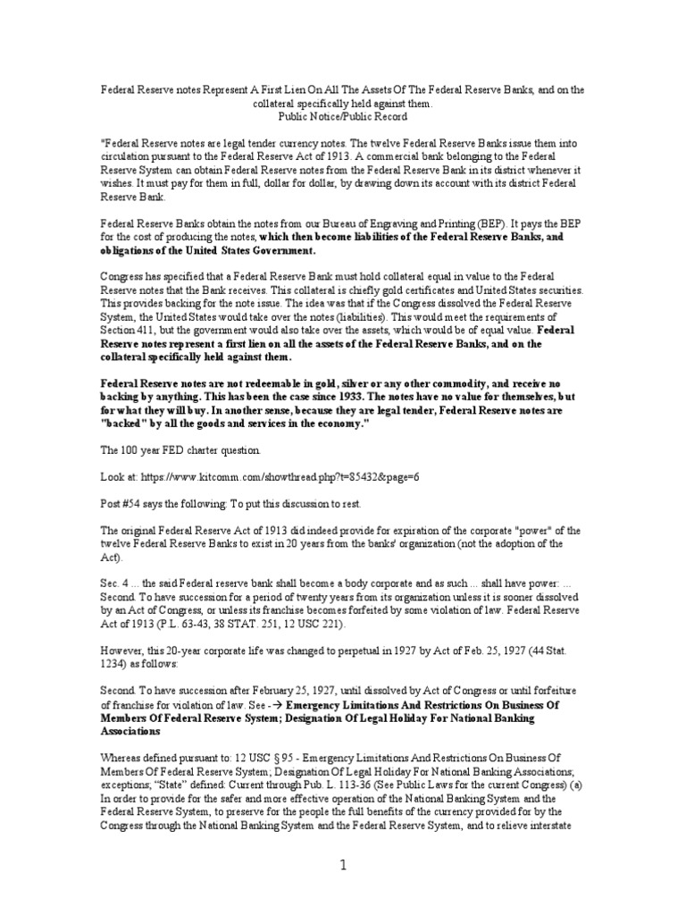 Federal Reserve Notes Represent A First Lien On All The Assets of The ...