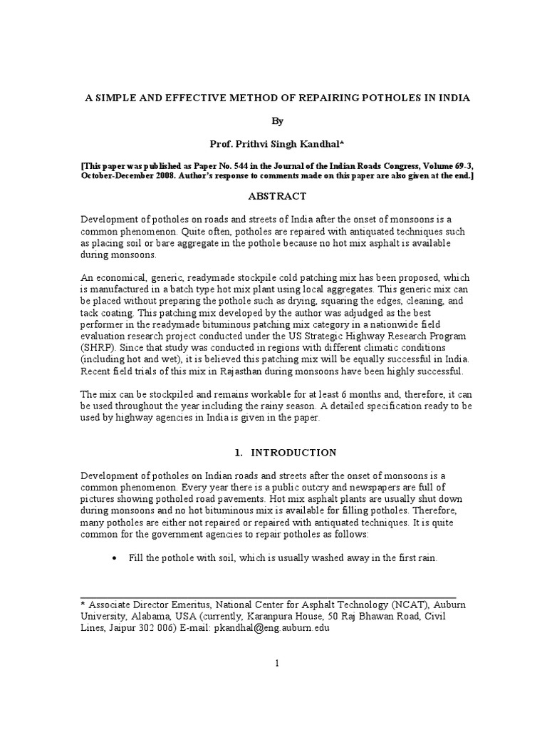 A Simple and Effective Method of Repairing Potholes in India | PDF ...