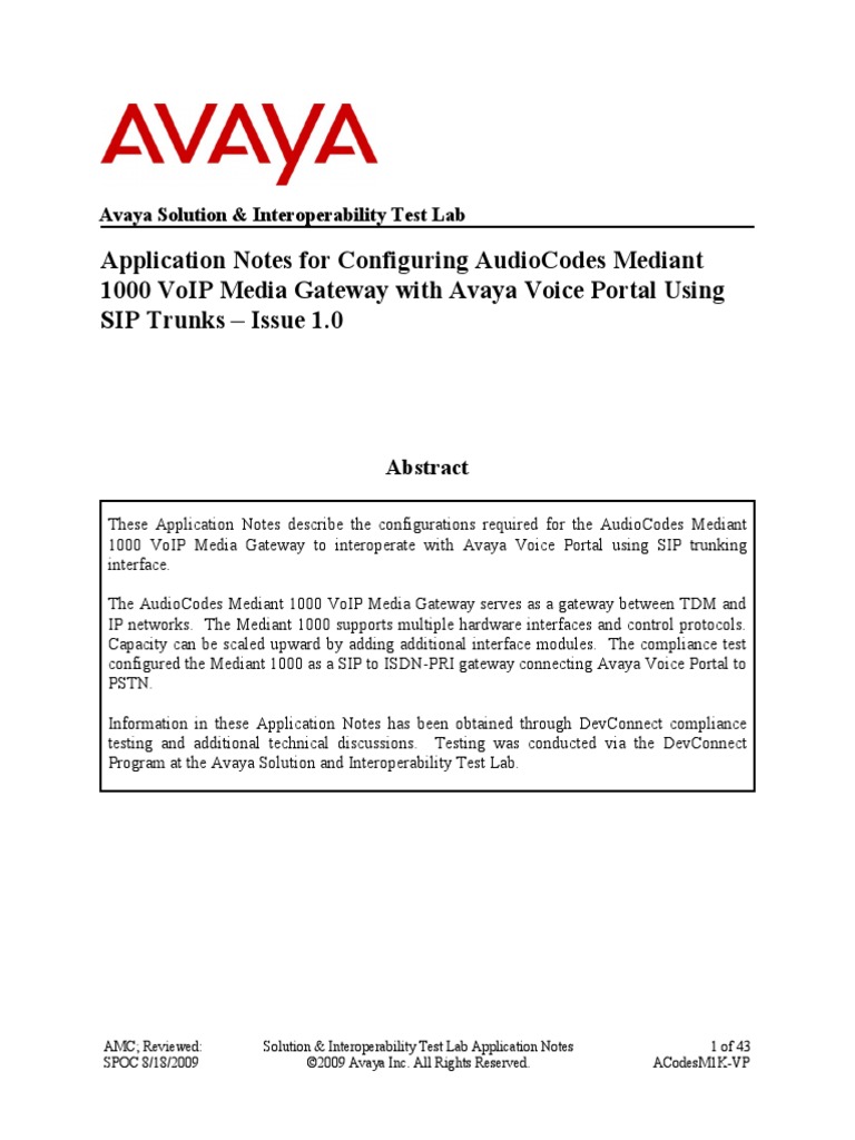 Configuring AudioCodes Mediant 1000 VoIP Media Gateway With Avaya Voice Portal Using SIP Trunks ...