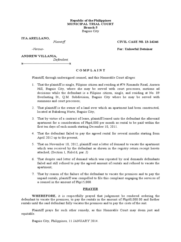 Sample Ejectment Case | PDF | Virtue | Legal Concepts