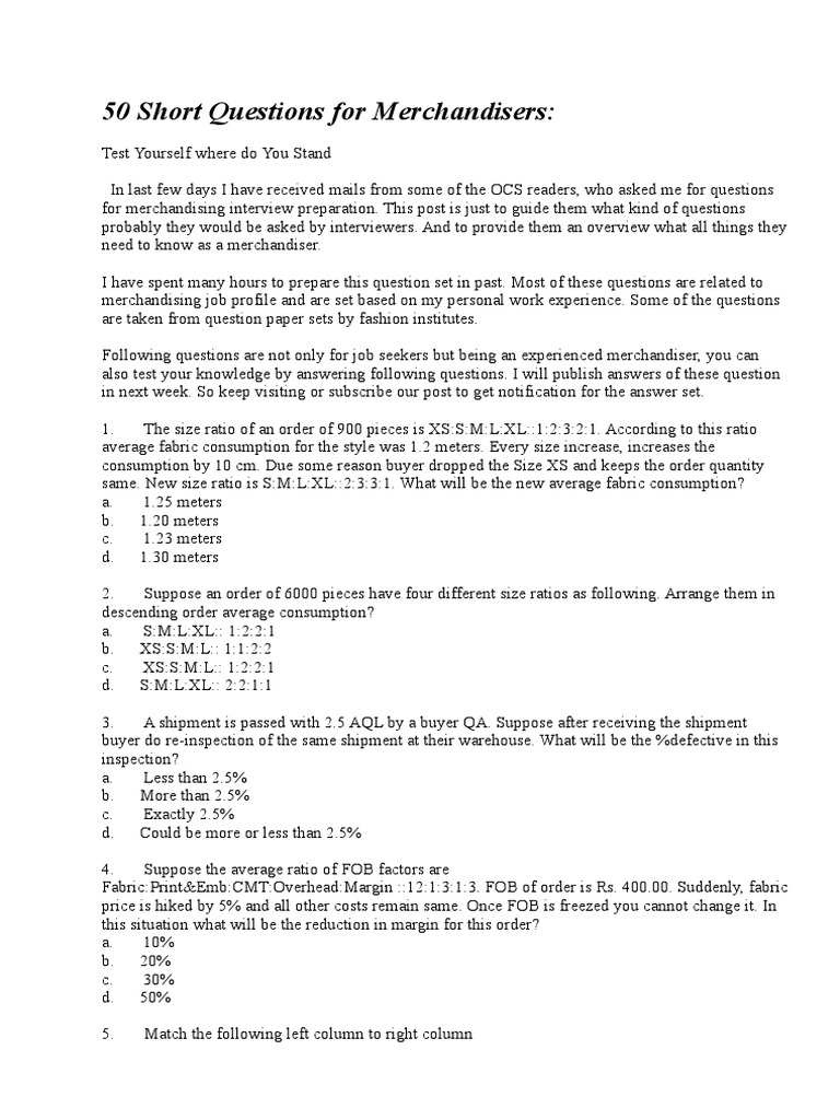 50 Short Questions For Merchandisers | PDF | Textile Arts | Textiles