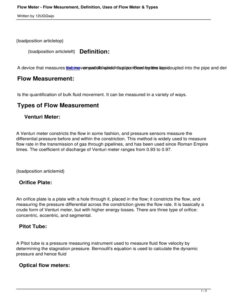 Flow Meter Types and Definitions | PDF | Flow Measurement | Liquids