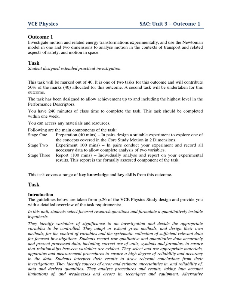 Outcome 1: VCE Physics SAC: Unit 3 - Outcome 1 | Download Free PDF ...