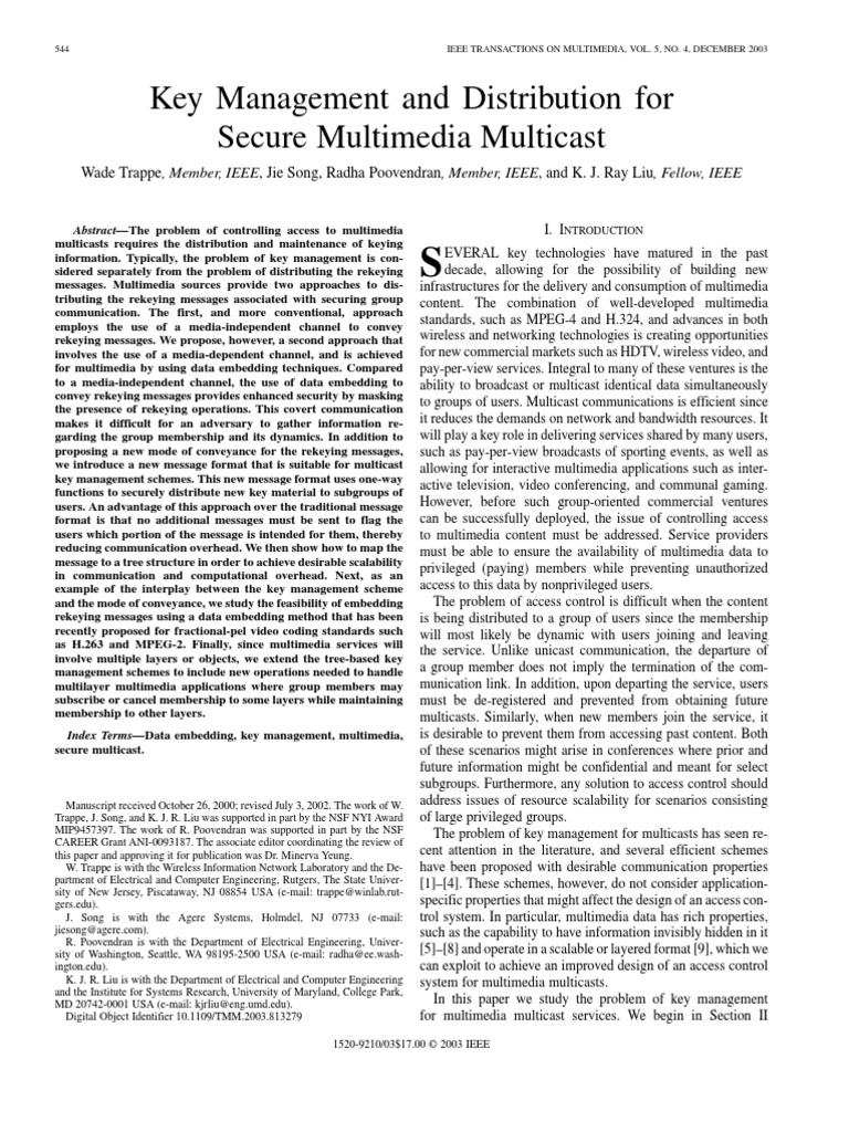 Key Management and Distribution For Secure Multimedia Multicast | PDF | Multicast | Key ...